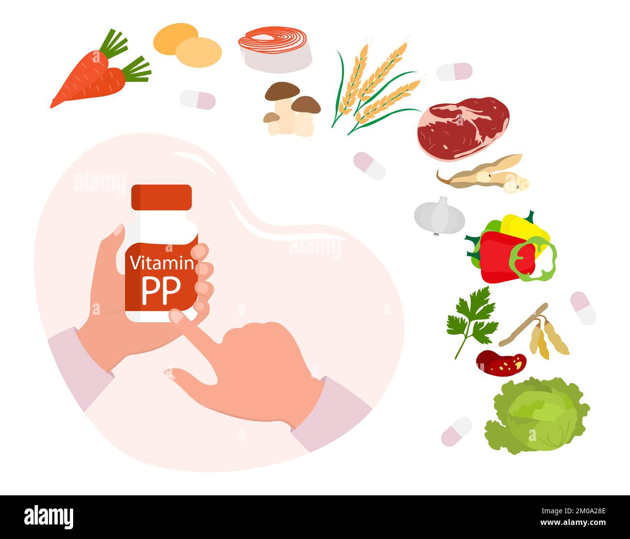 Vector illustration Hands holds bottle with supplement pills vitamin PP ...
