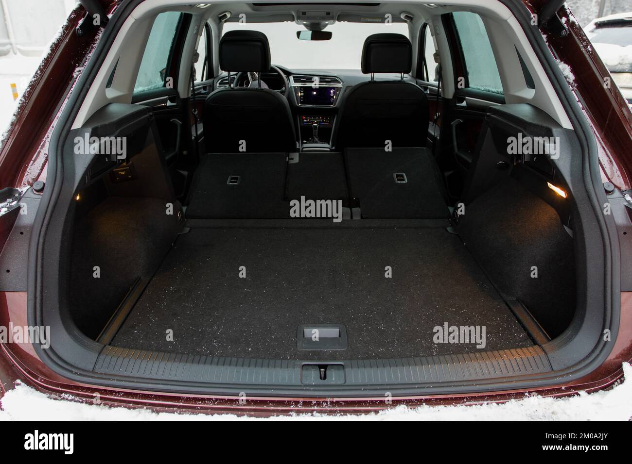 Huge, clean and empty car trunk in interior of compact suv. Rear view ...