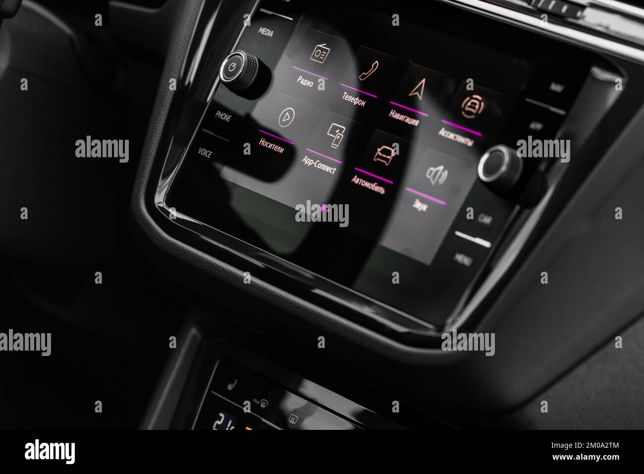 Modern car media display in the interior of the car. Touchscreen ...