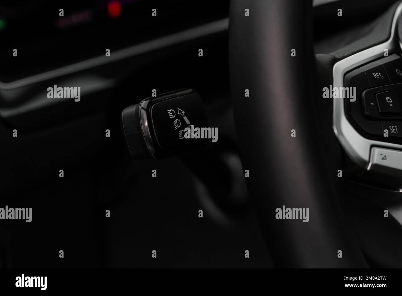 Turn signal lever close up. Modern car interior details. Car wipers ...