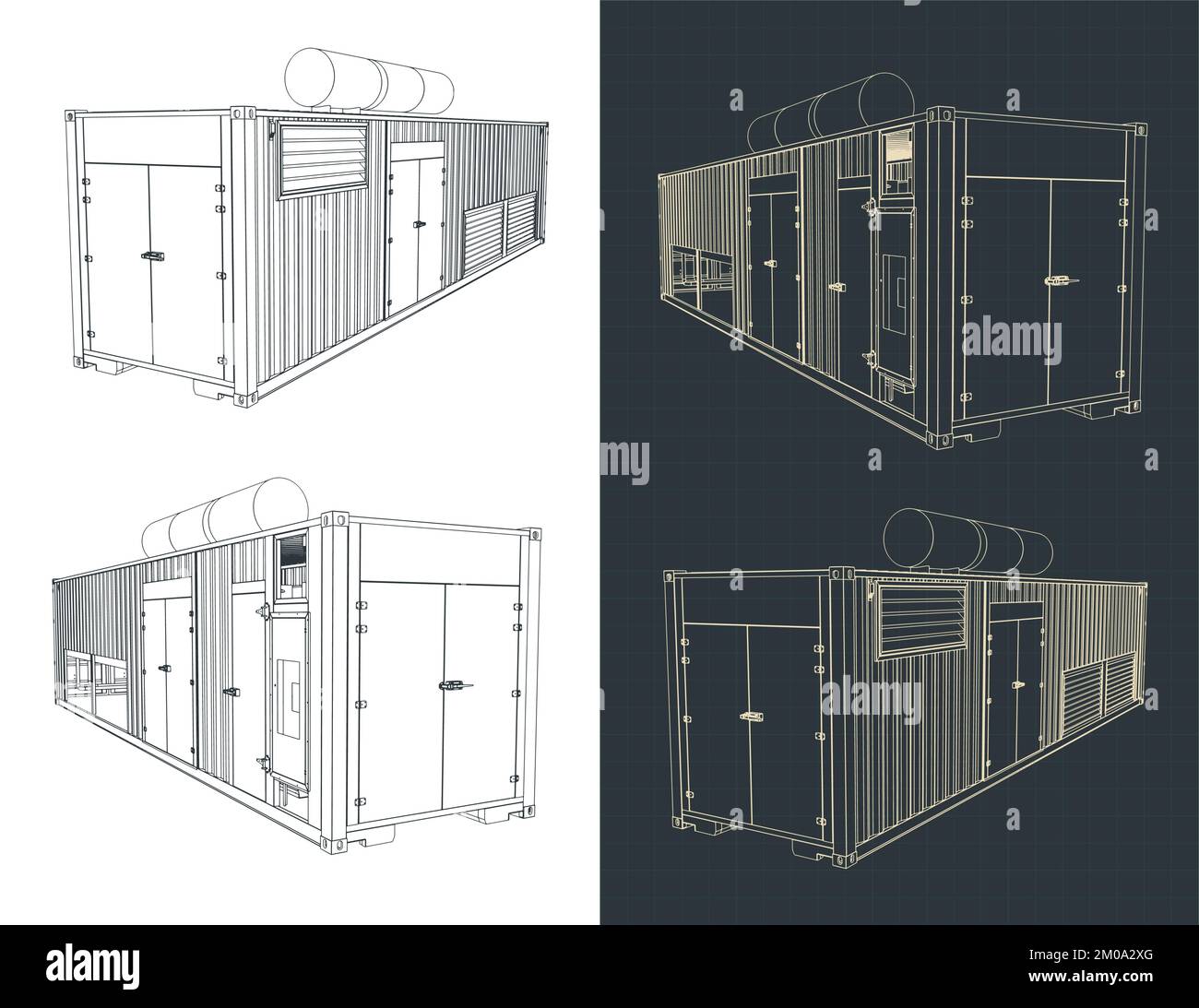 Stylized vector illustration of isometric blueprints of containerized ...