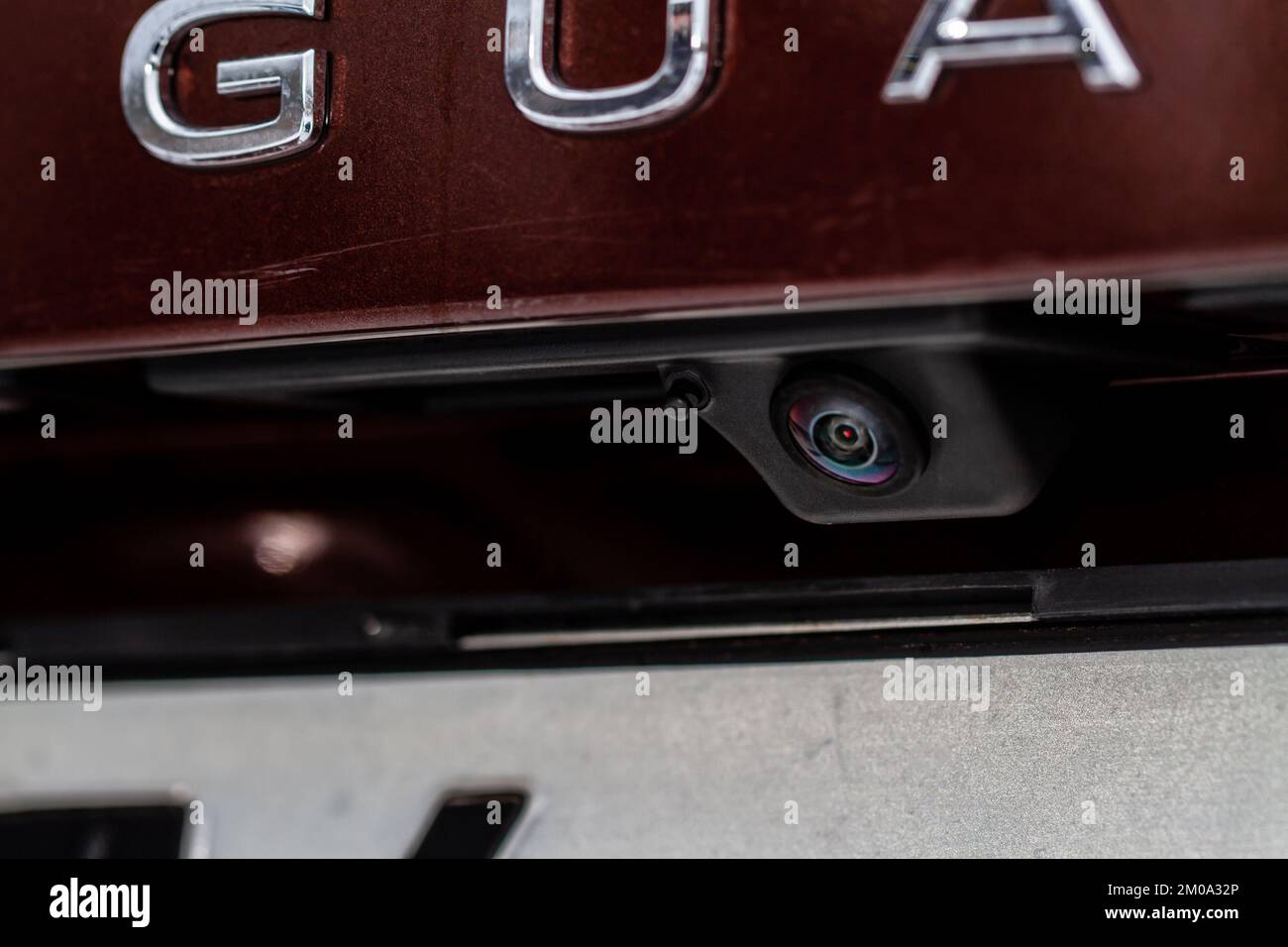 Close up view of front parking assist video camera on the car. Front ...