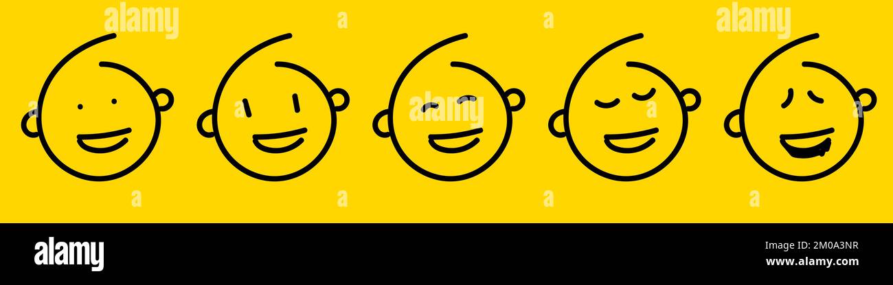 Set of outline emoticons doodle happy face icon. Black line emoji on ...