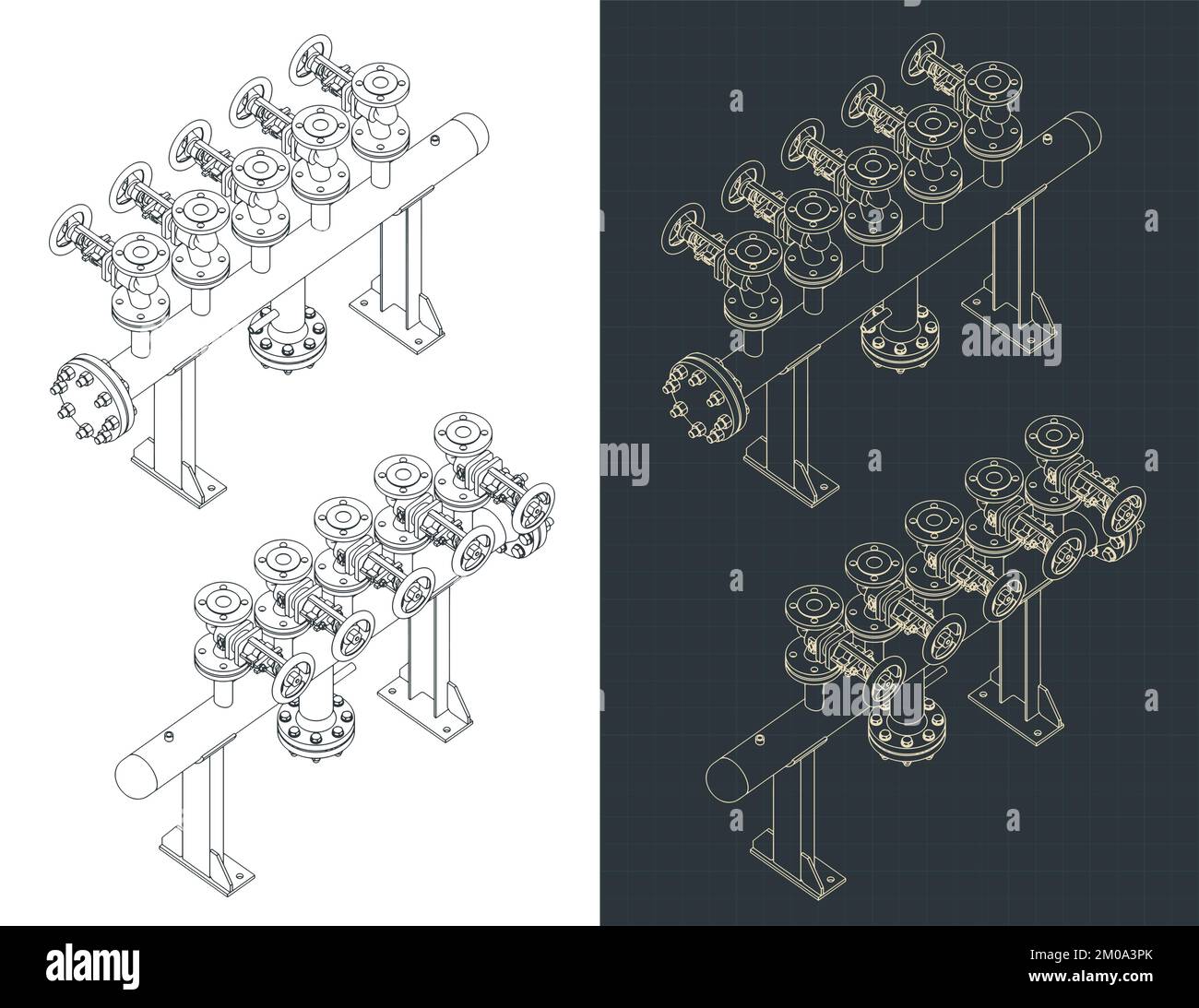 Stylized vector illustration of isometric blueprints of steam header ...