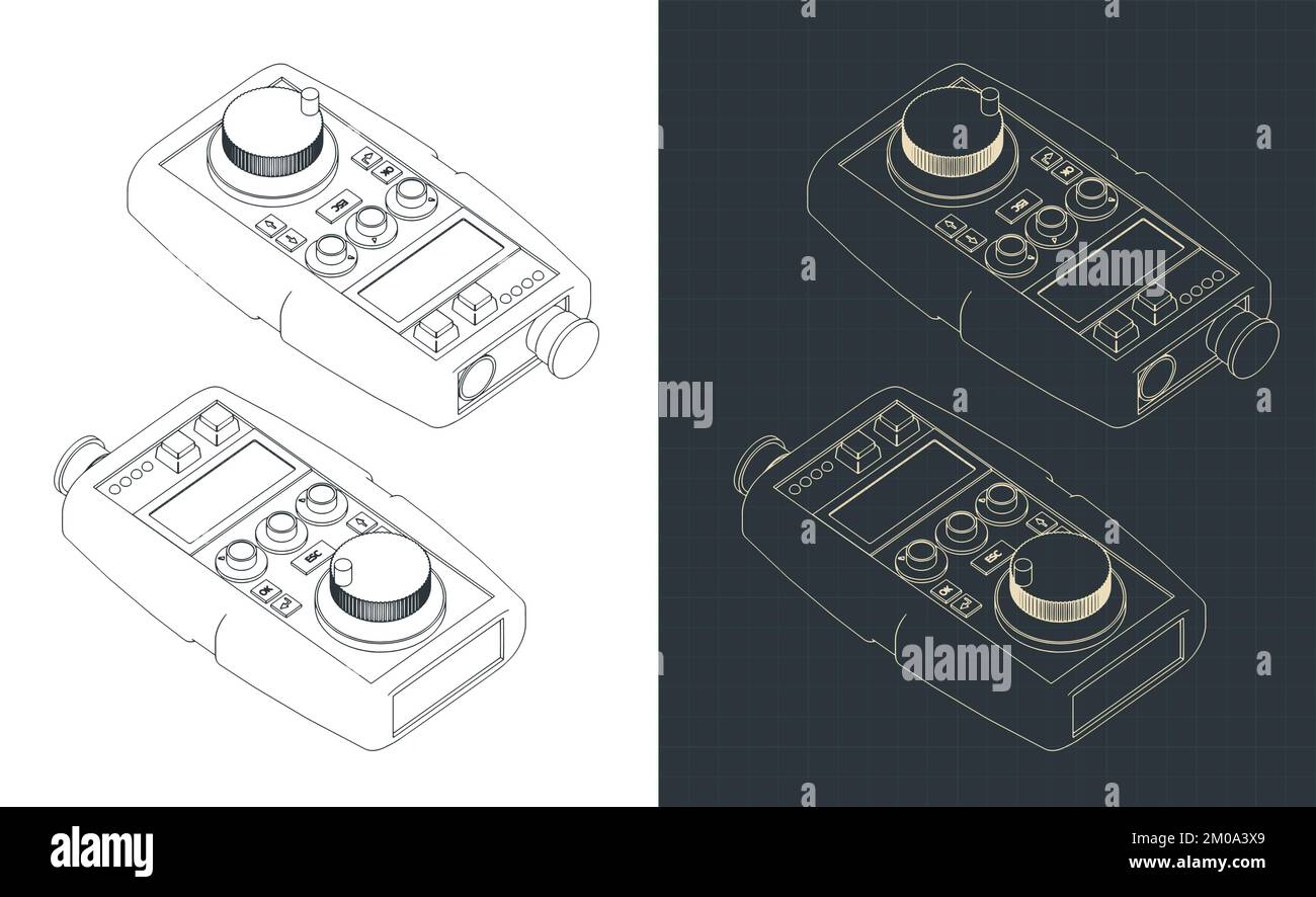Stylized vector illustration of isometric blueprints of hand remote ...