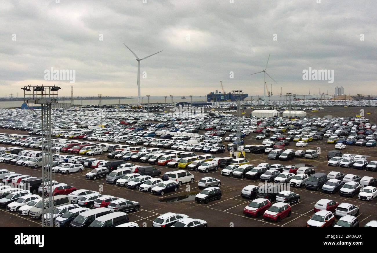 A view of new cars in a dockside compound in Sheerness, Kent, as the UK ...
