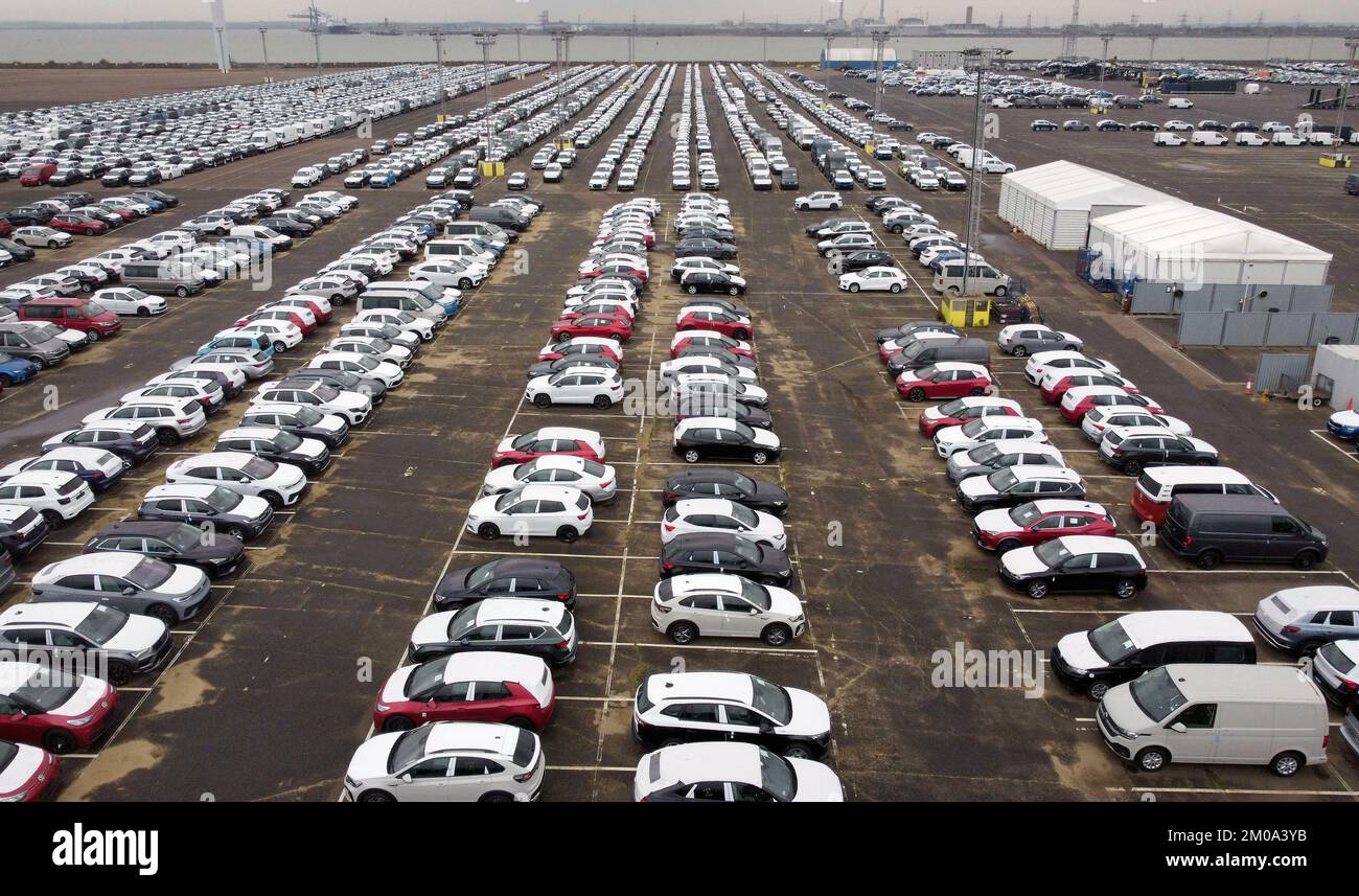 A view of new cars in a dockside compound in Sheerness, Kent, as the UK ...