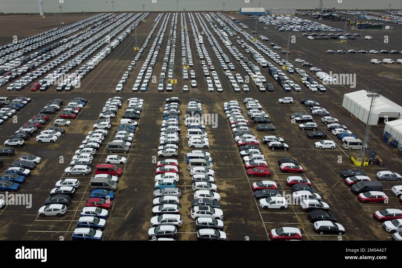 A view of new cars in a dockside compound in Sheerness, Kent, as the UK ...
