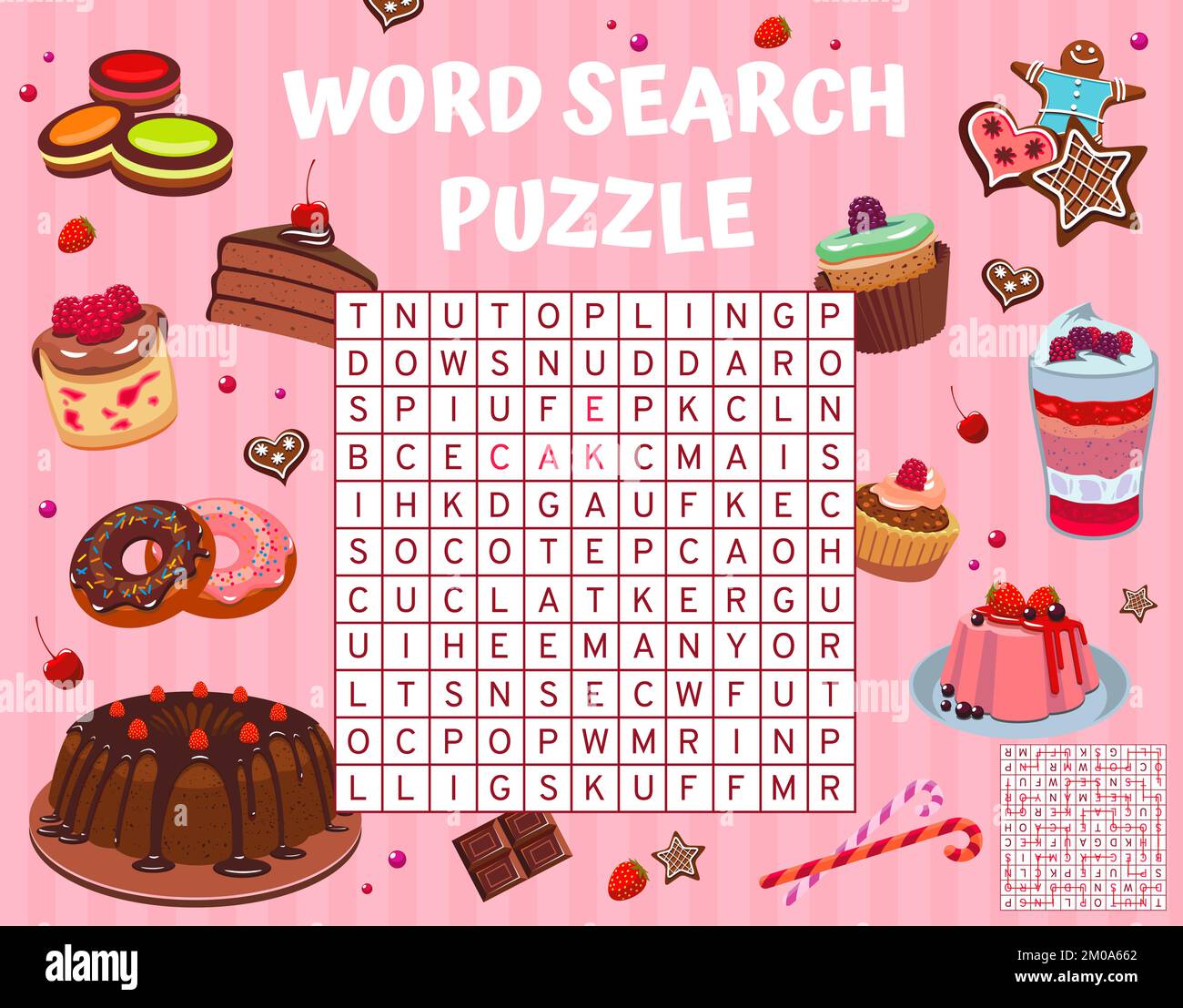 Cartoon cakes, pies and desserts, word search puzzle game worksheet ...