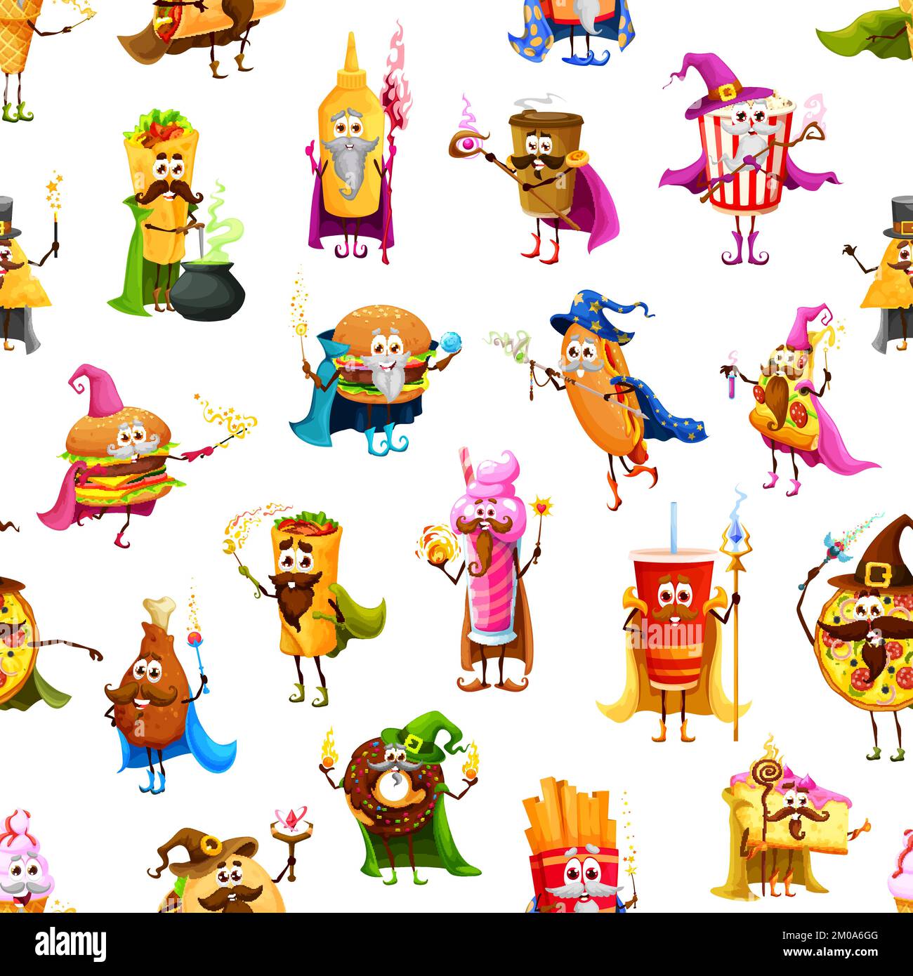 Cartoon fast food wizard, mage, sorcerer characters seamless pattern ...