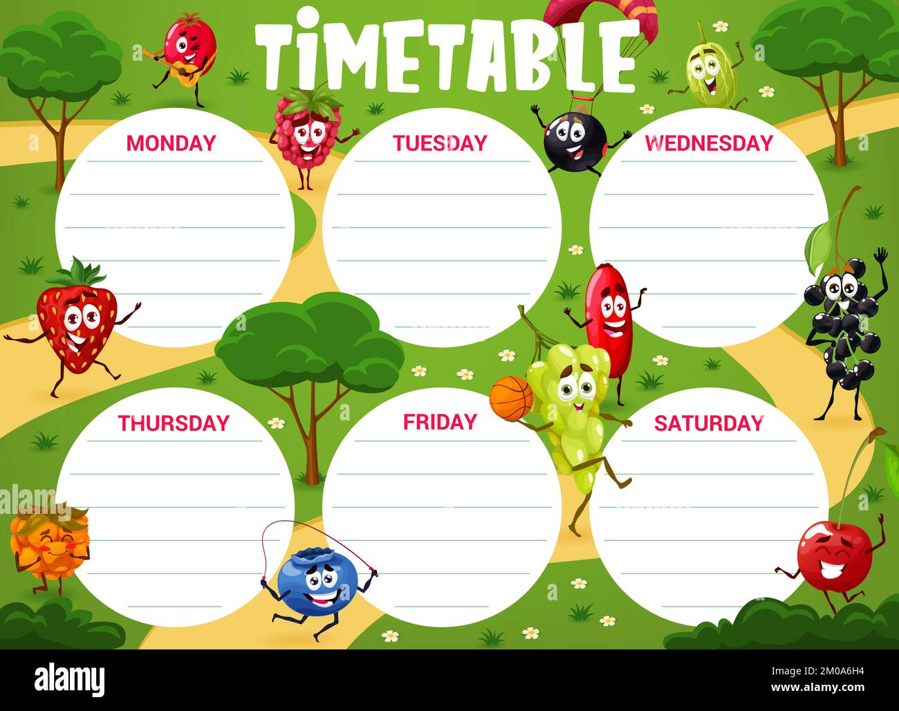 Timetable schedule. Cartoon cheerful berry character on summer vacation ...