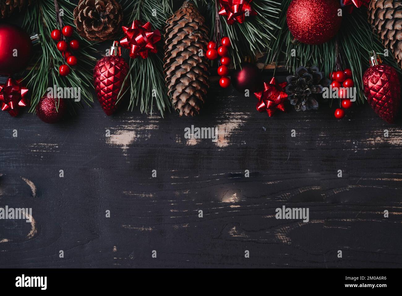 Christmass background red christmas tree toys and spruce brance on ...