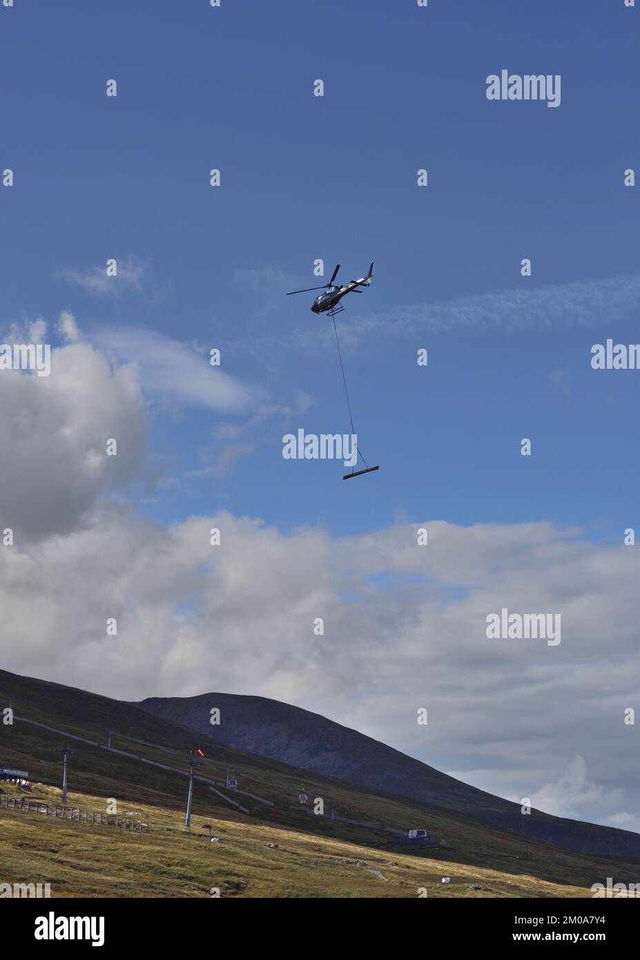 Blue sky and clouds over the Scottish Highlands as a helicopter ...