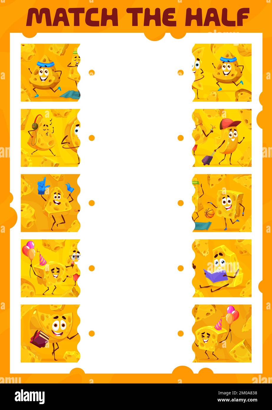 Match half of cartoon cheese, game quiz worksheet or vector puzzle ...