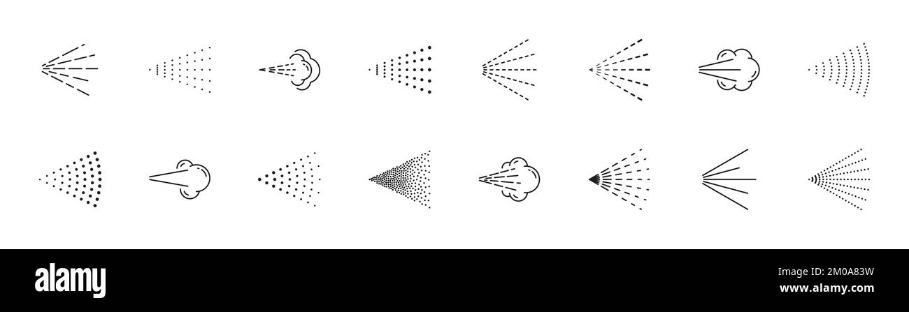 Spray icons. Water, perfume or gas outline pictograms, humidifier vapor ...