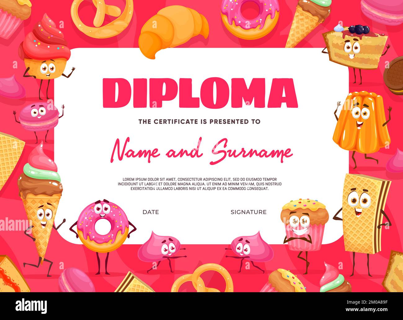 Kids diploma, cartoon sweets, bakery and dessert characters, vector ...