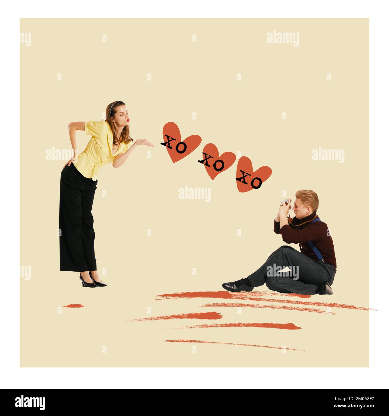 Contemporary art collage. Beautiful young woman sending kisses to man ...