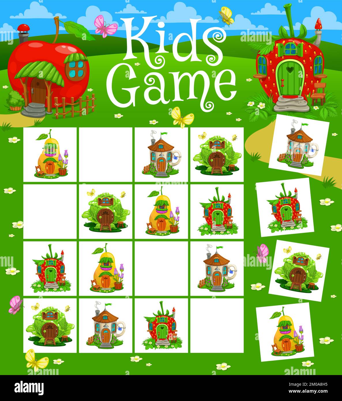 Sudoku kids game, fairytale magic houses and dwellings, vector quiz ...