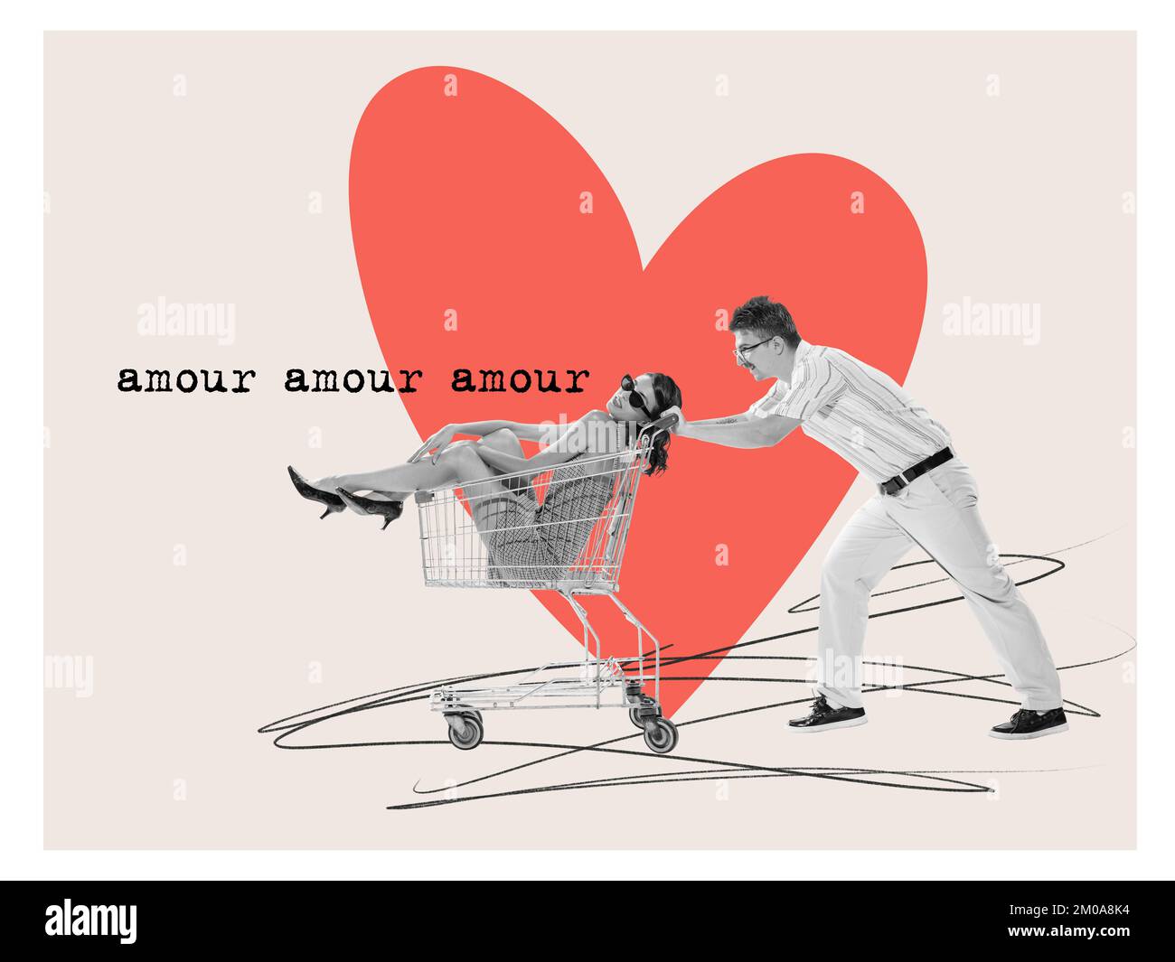 Contemporary art collage. Man carrying beautiful woman sitting in ...