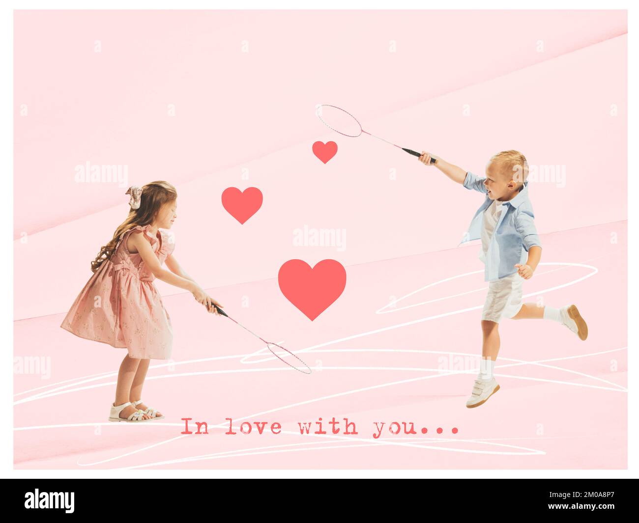 Contemporary art collage. Cute little children, boy and girl playing ...