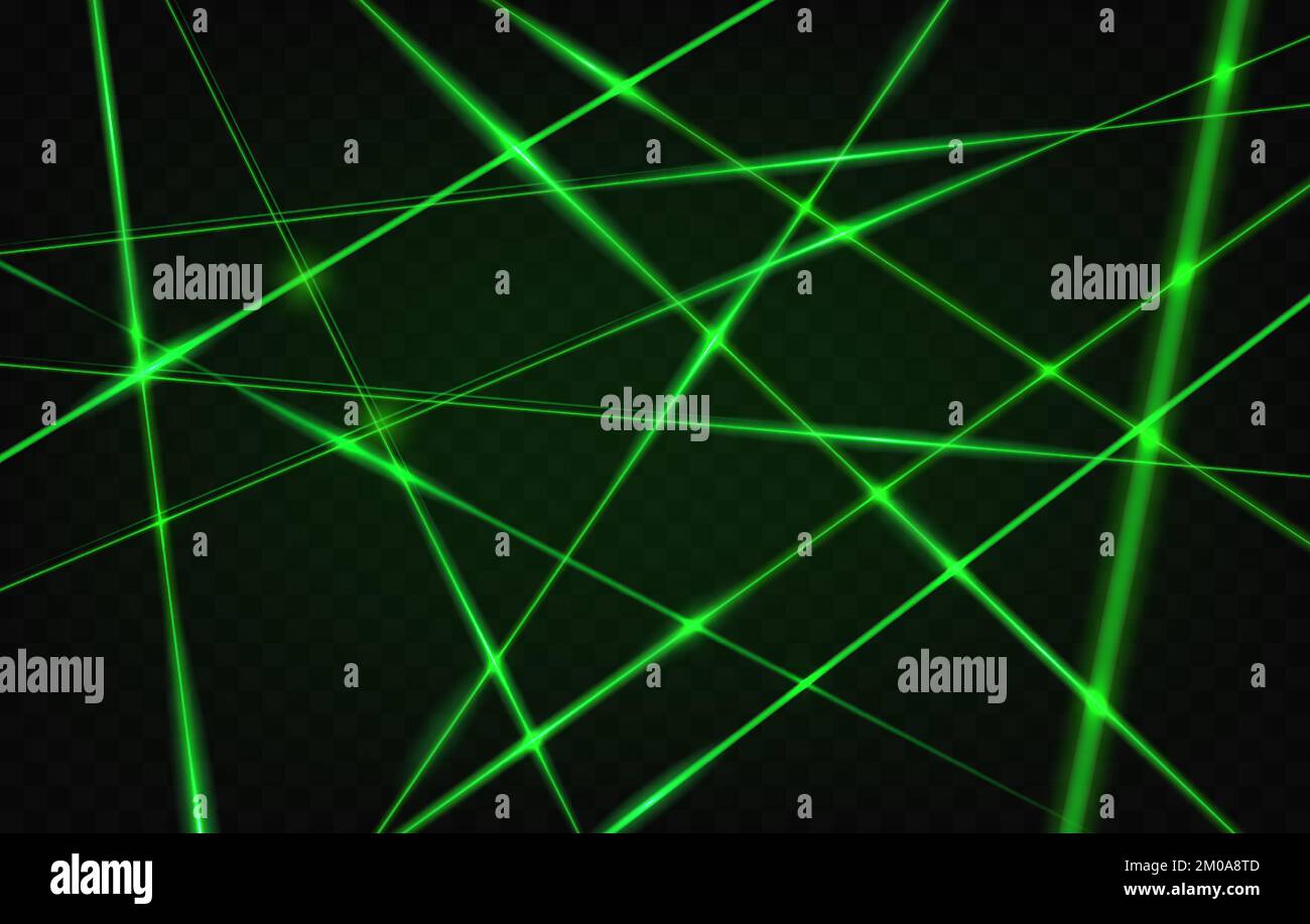 Crossed laser green light beams on black background, vector neon glow ...