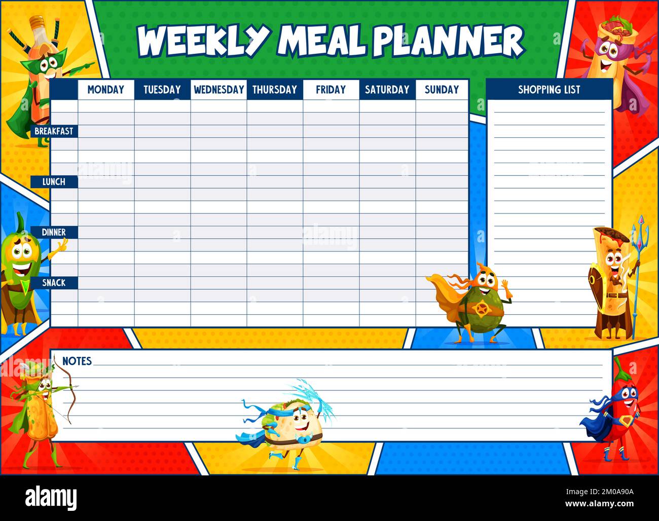 Weekly meal planner superhero mexican tex mex food characters. Vector ...