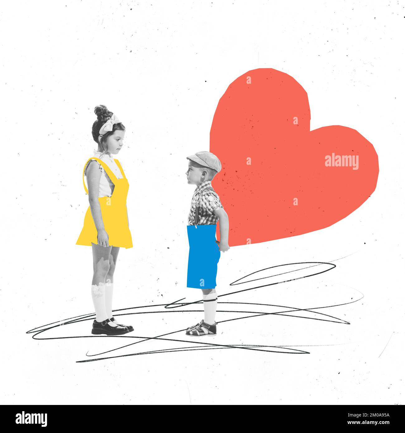 Contemporary art collage. Little cute boy hiding behind his back giant ...