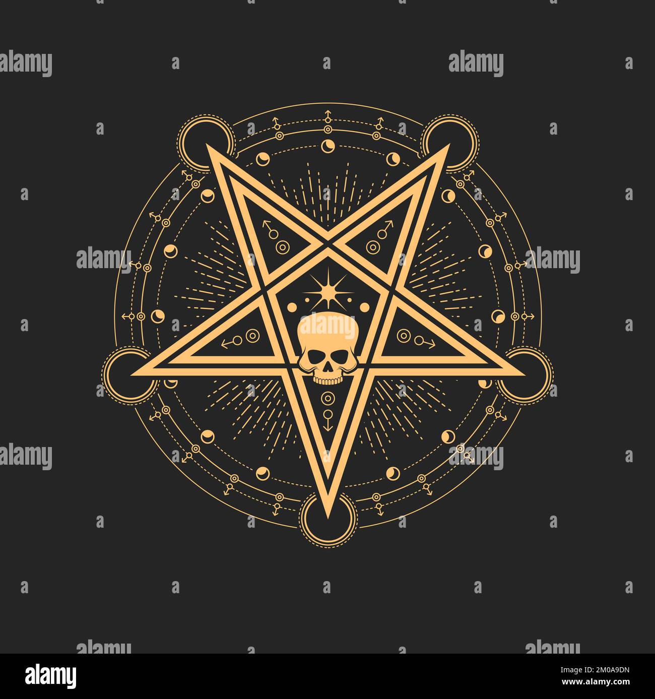 Esoteric And Occult Pentagram With Human Skull Crescent Moon And Stars