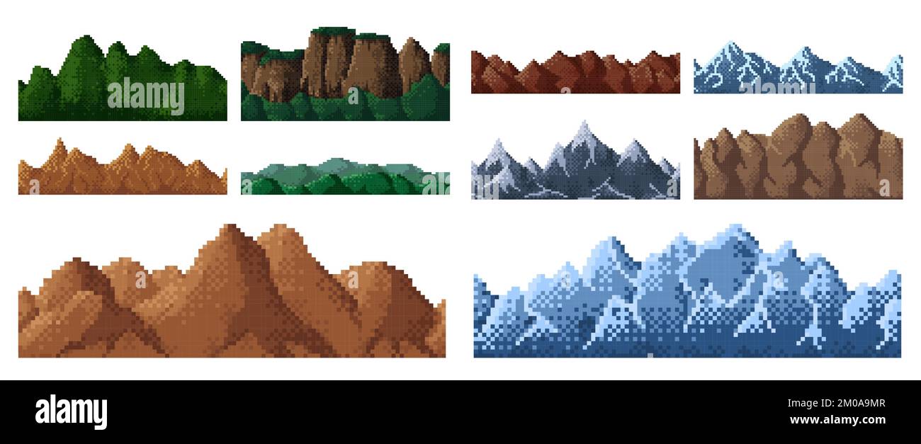 8bit pixel game mountains and hills background, vector retro 8 bit ...