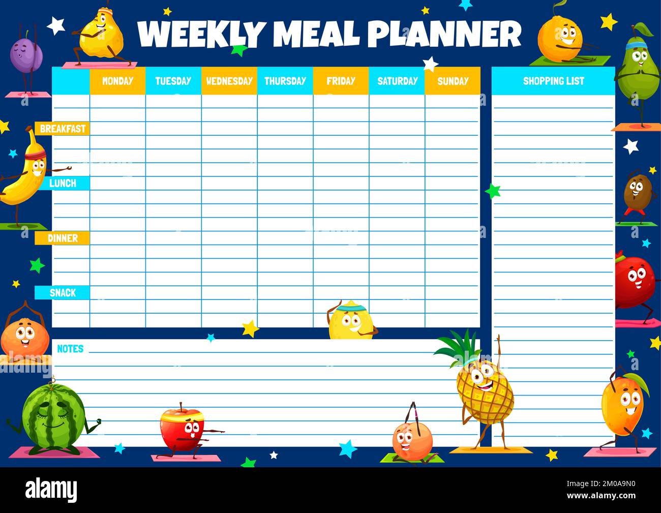 Weekly meal planner. Cartoon fruits on yoga fitness. Diet menu daily ...
