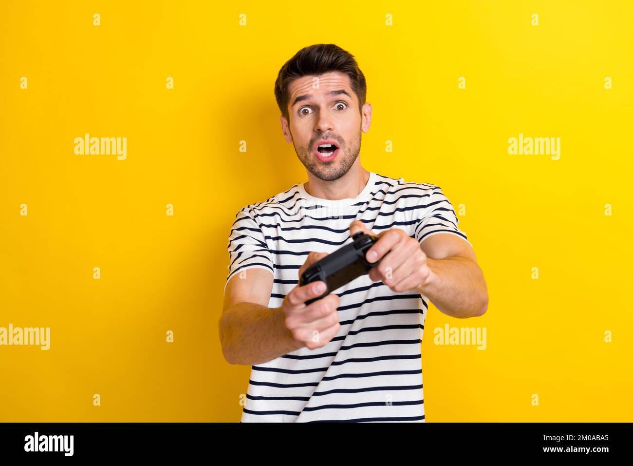 Photo of impressed person arms hold controller open mouth play games ...