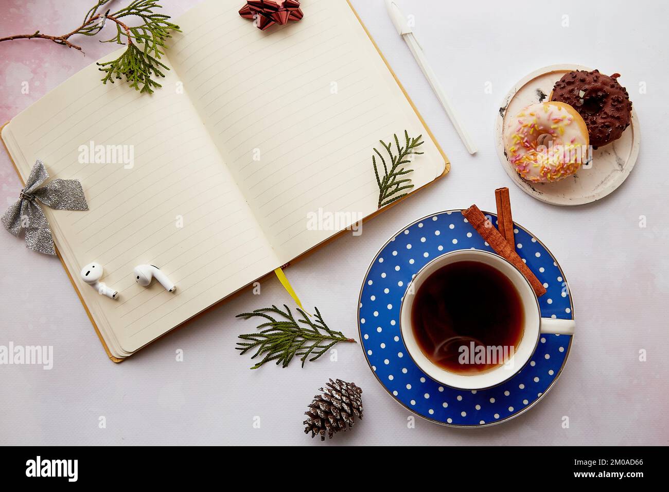 Seasonal mockup empty notepad with aesthetics coffee cup, doughnut ...