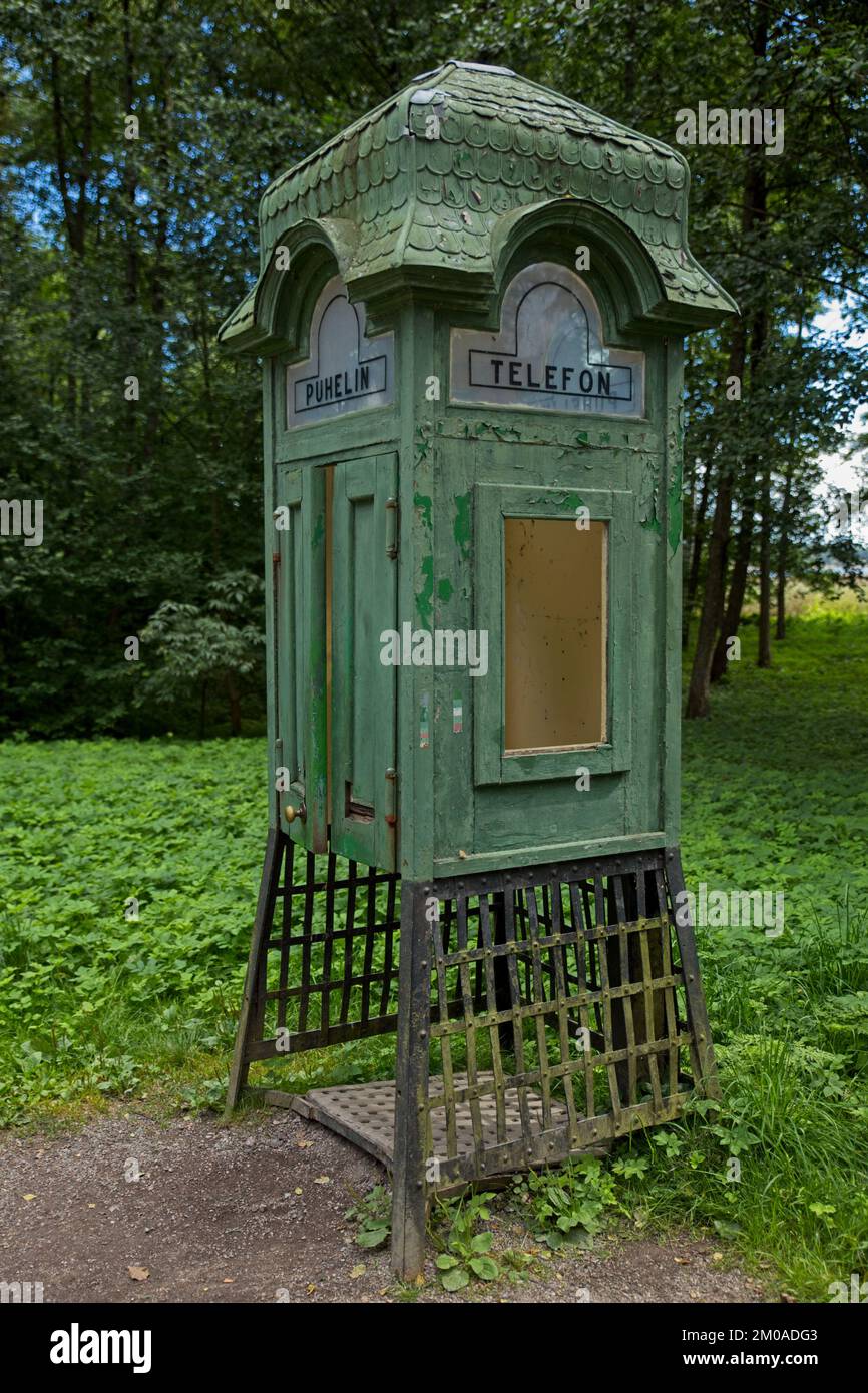 Vintage wooden green telephone booth, Seurasaari Open-Air Museum ...