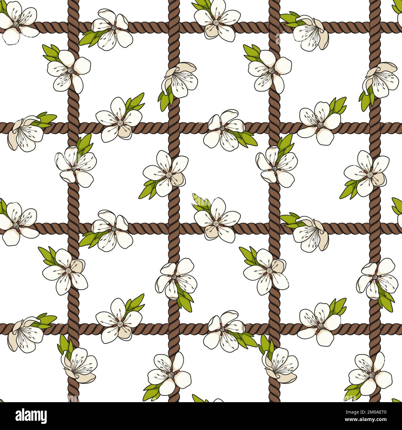 Seamless pattern with net of the cord and white spring flowers. Colored ...