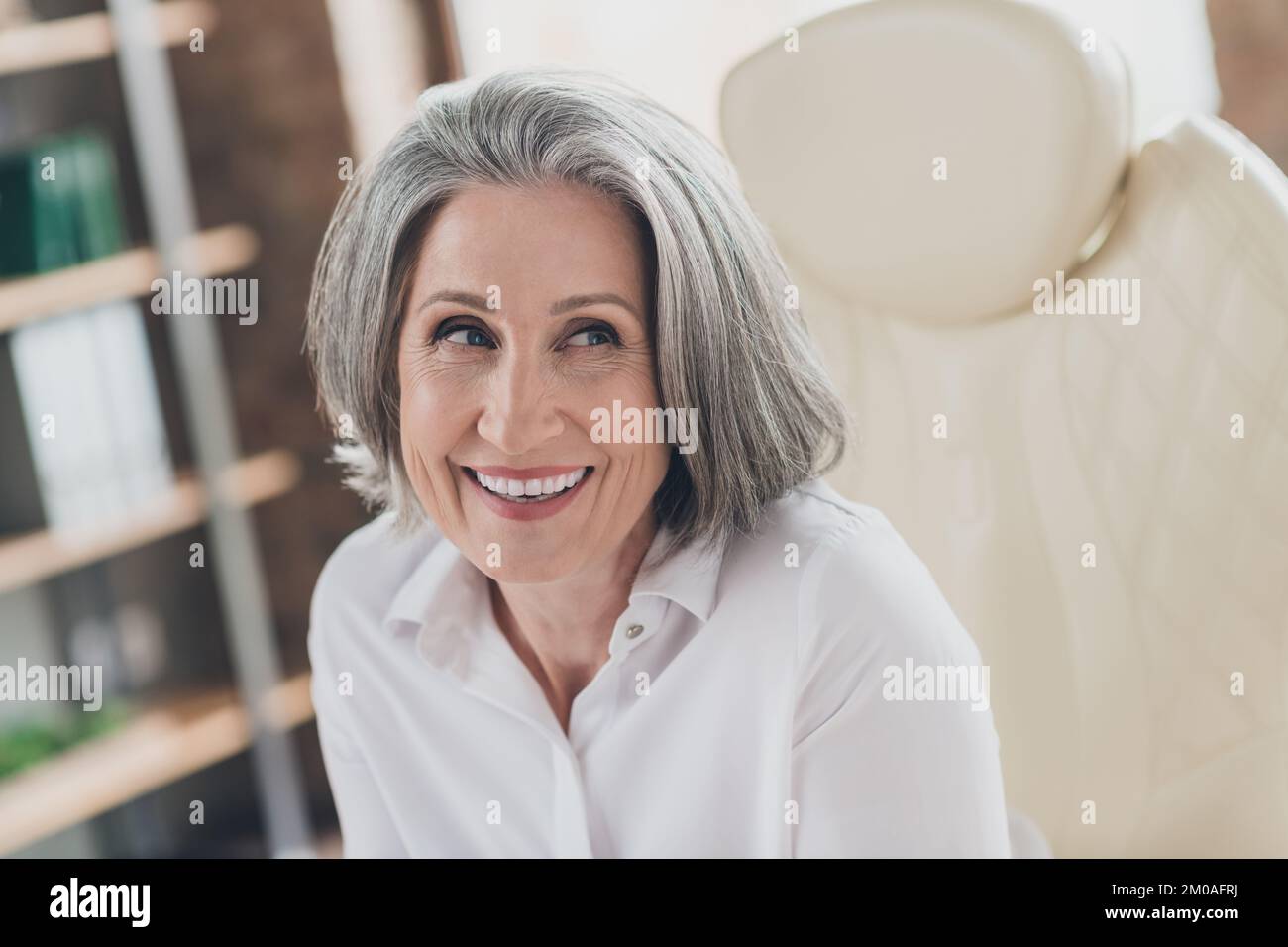 Portrait of positive peaceful aged lady company founder sit leather ...