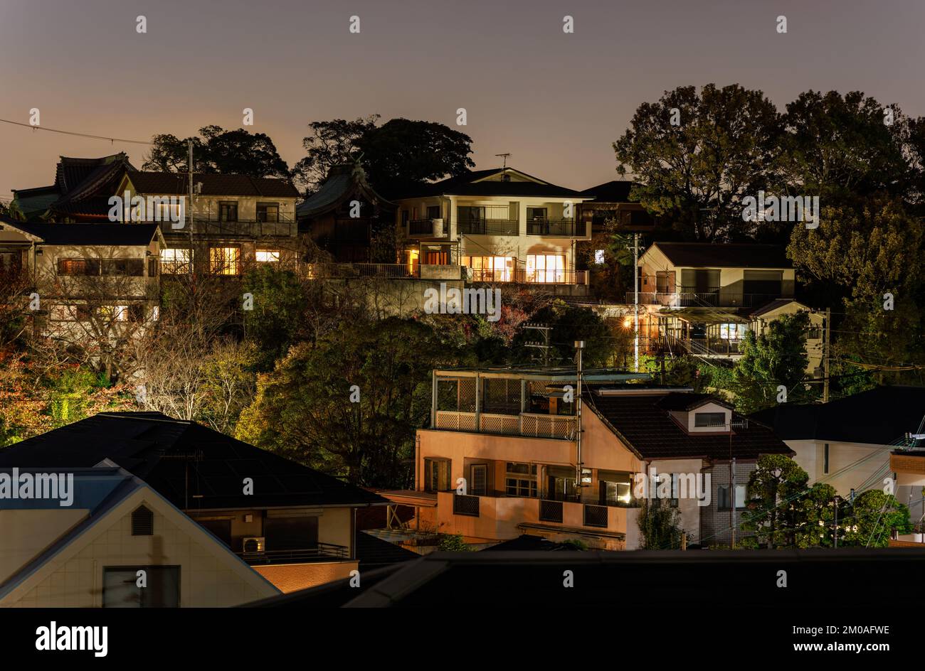 Large homes on hillside between trees at night Stock Photo - Alamy