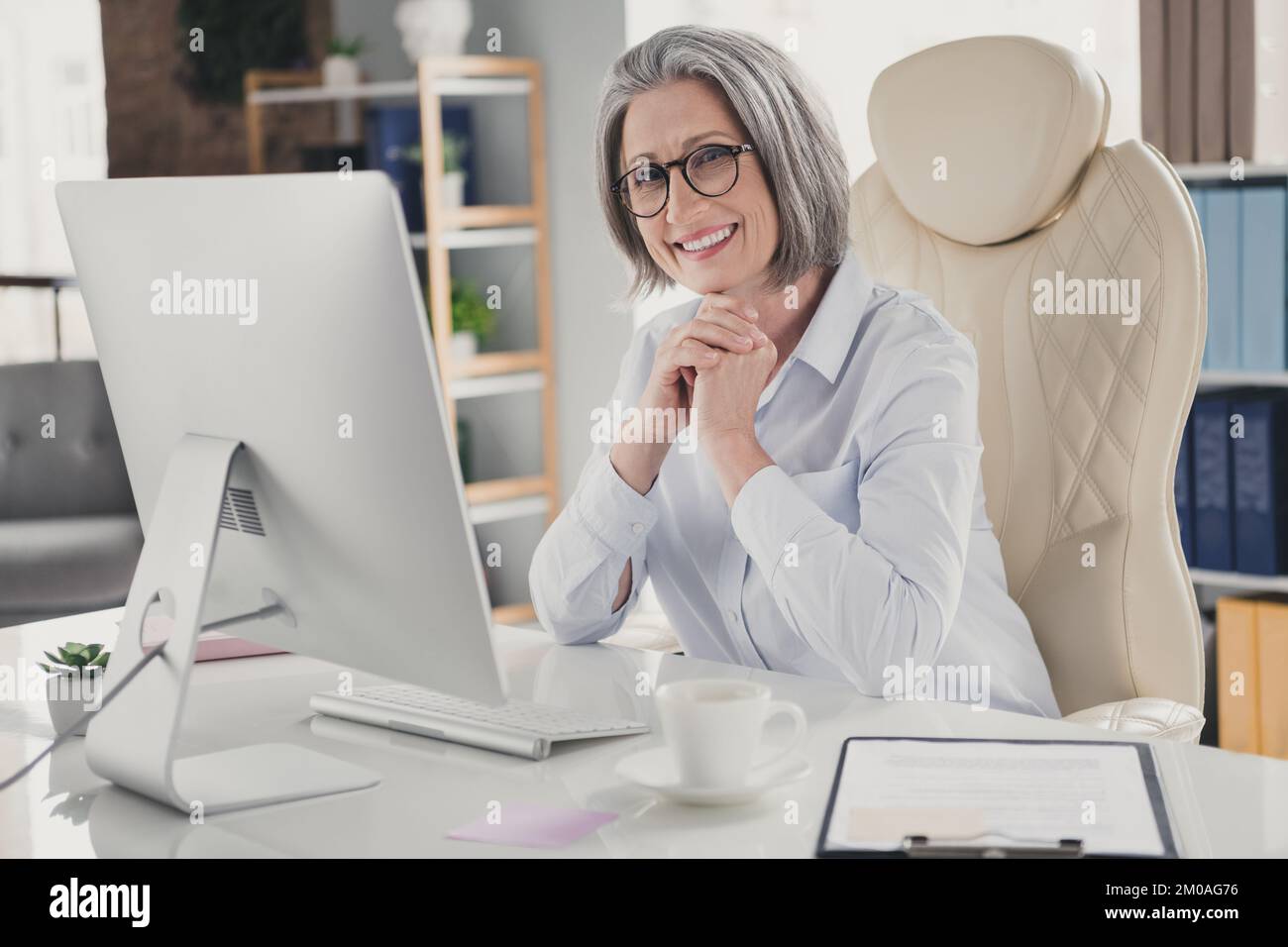 Portrait of positive experienced financier lady sitting leather chair ...