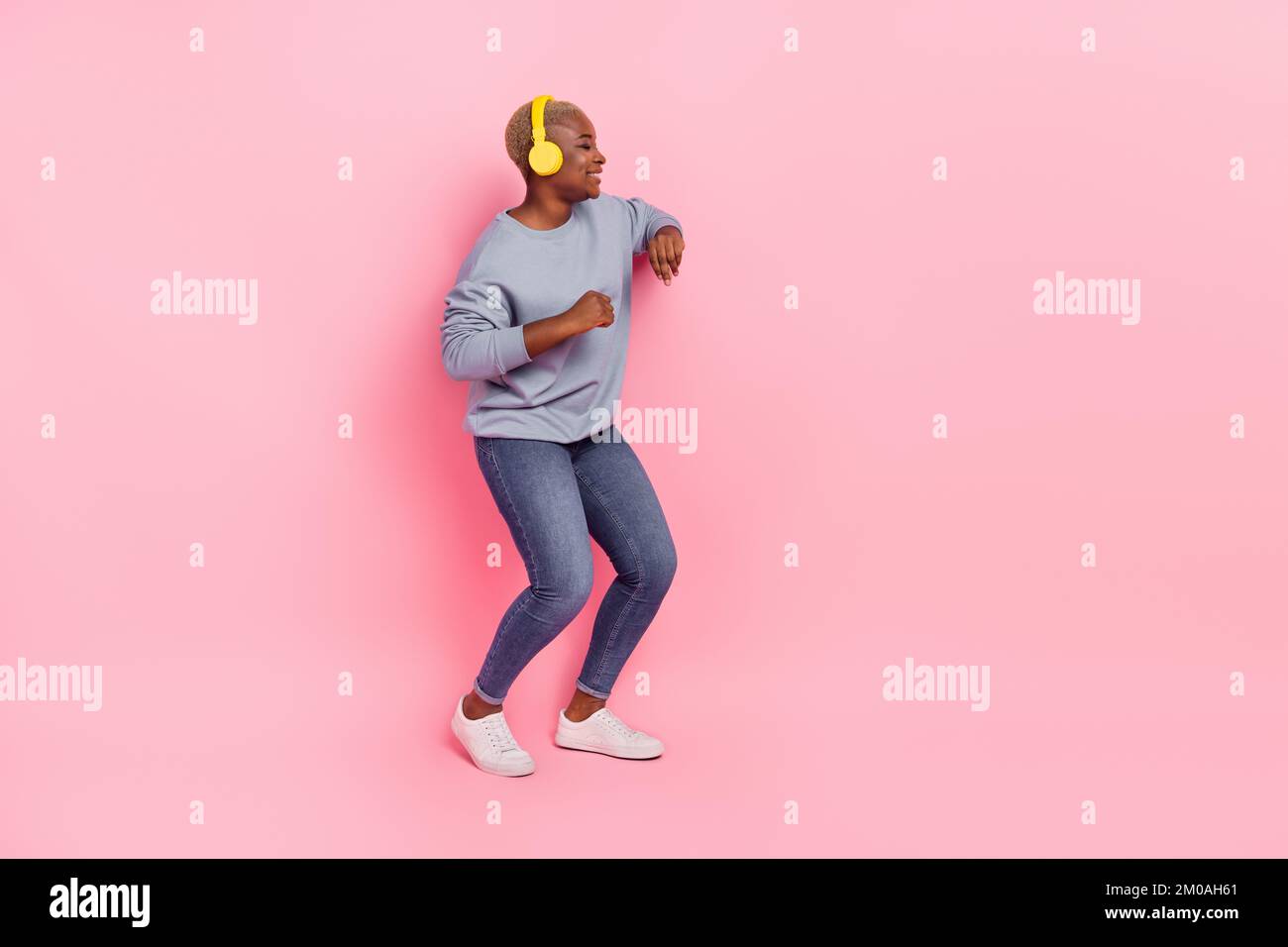 Full body portrait of overjoyed satisfied person have fun dancing ...