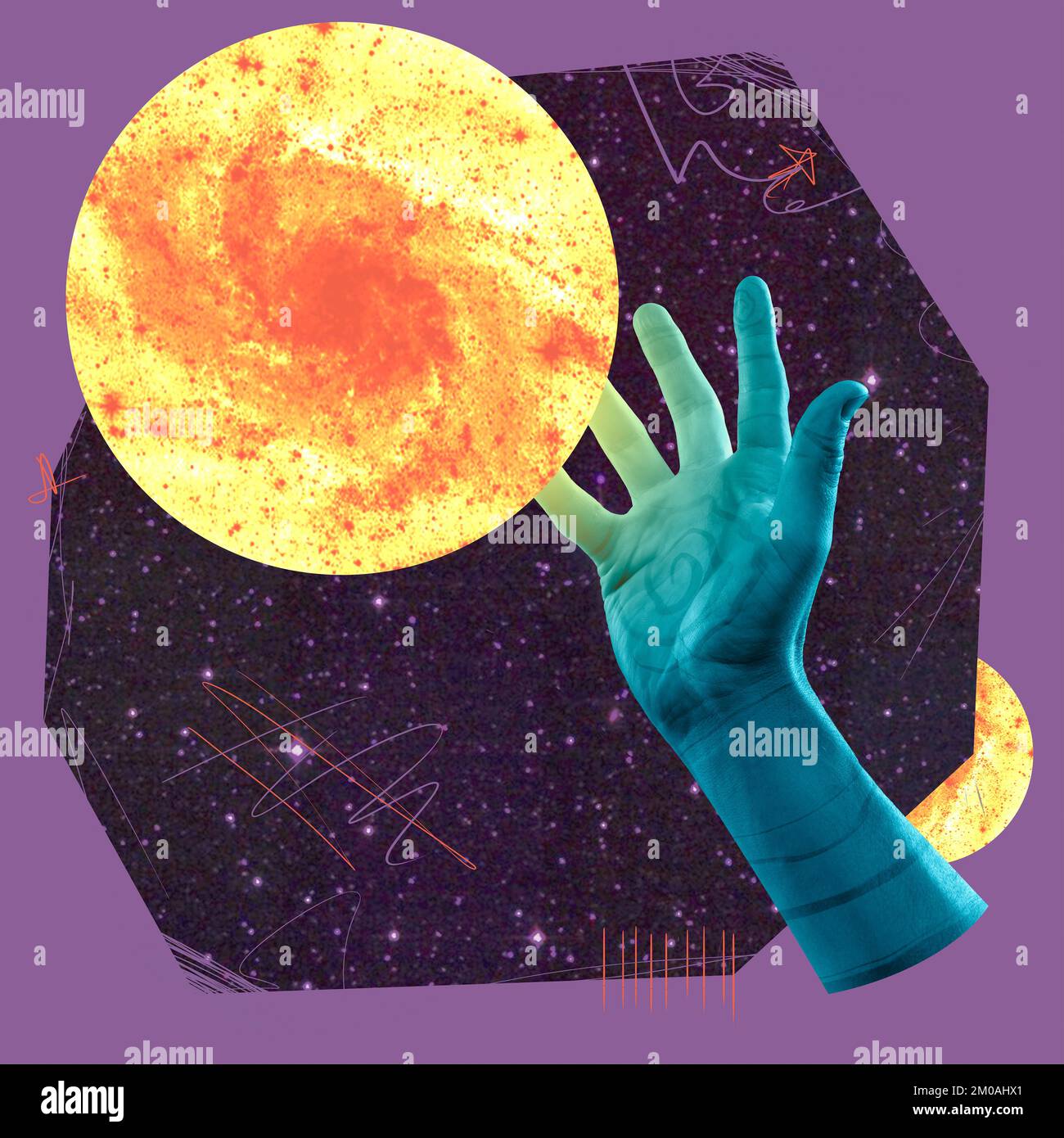 Human hand reaches out to an unknown planet. Contemporary art collage ...