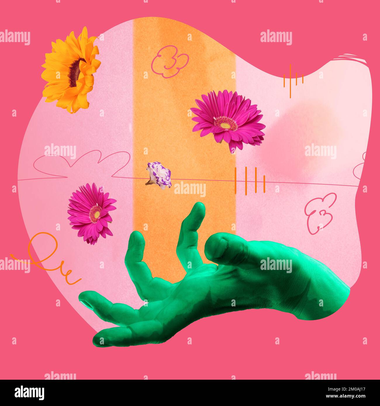 Painted green female hand over pink floral background. Contemporary art ...