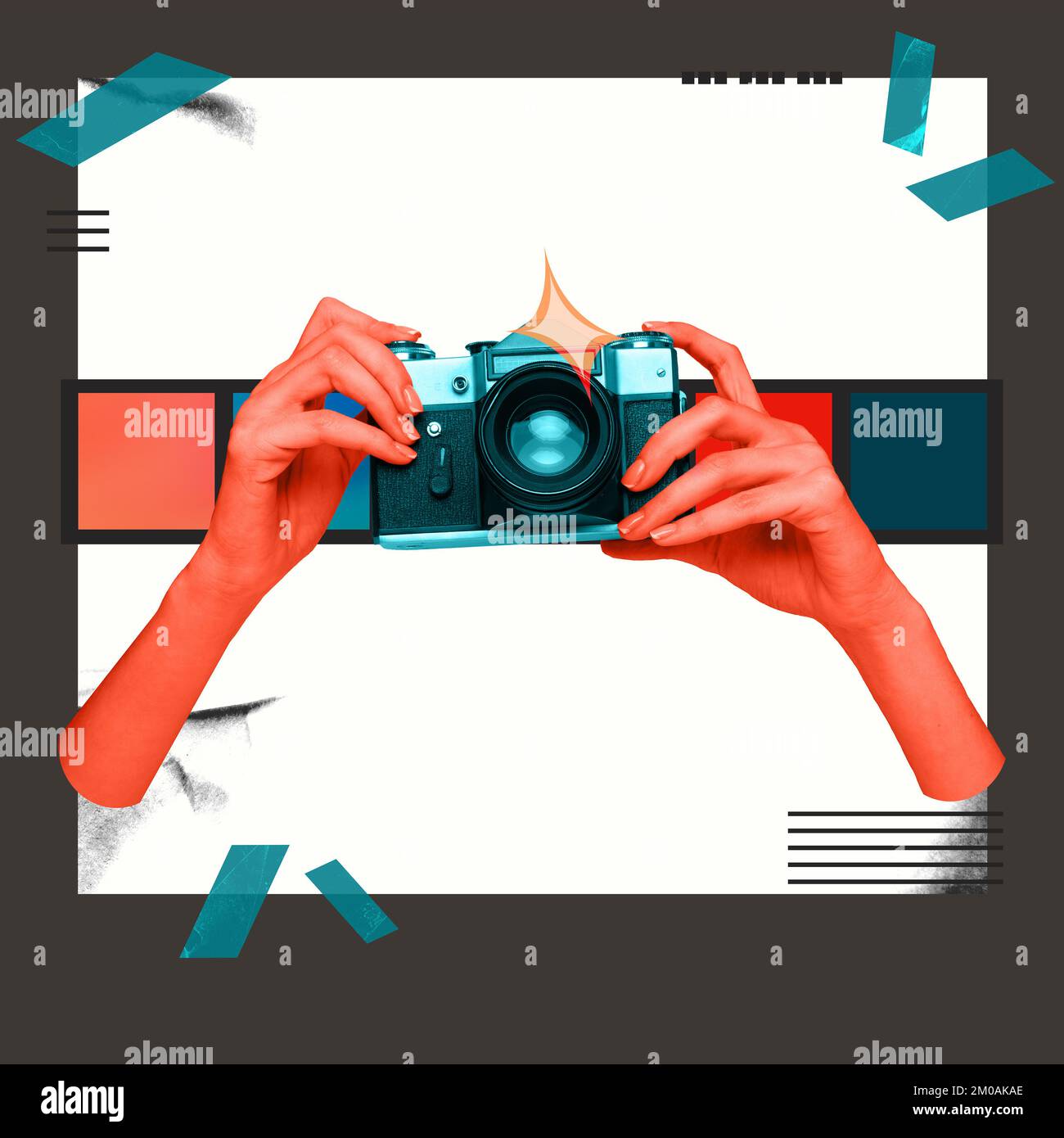Contemporary art collage with female hands making photo with vintage ...