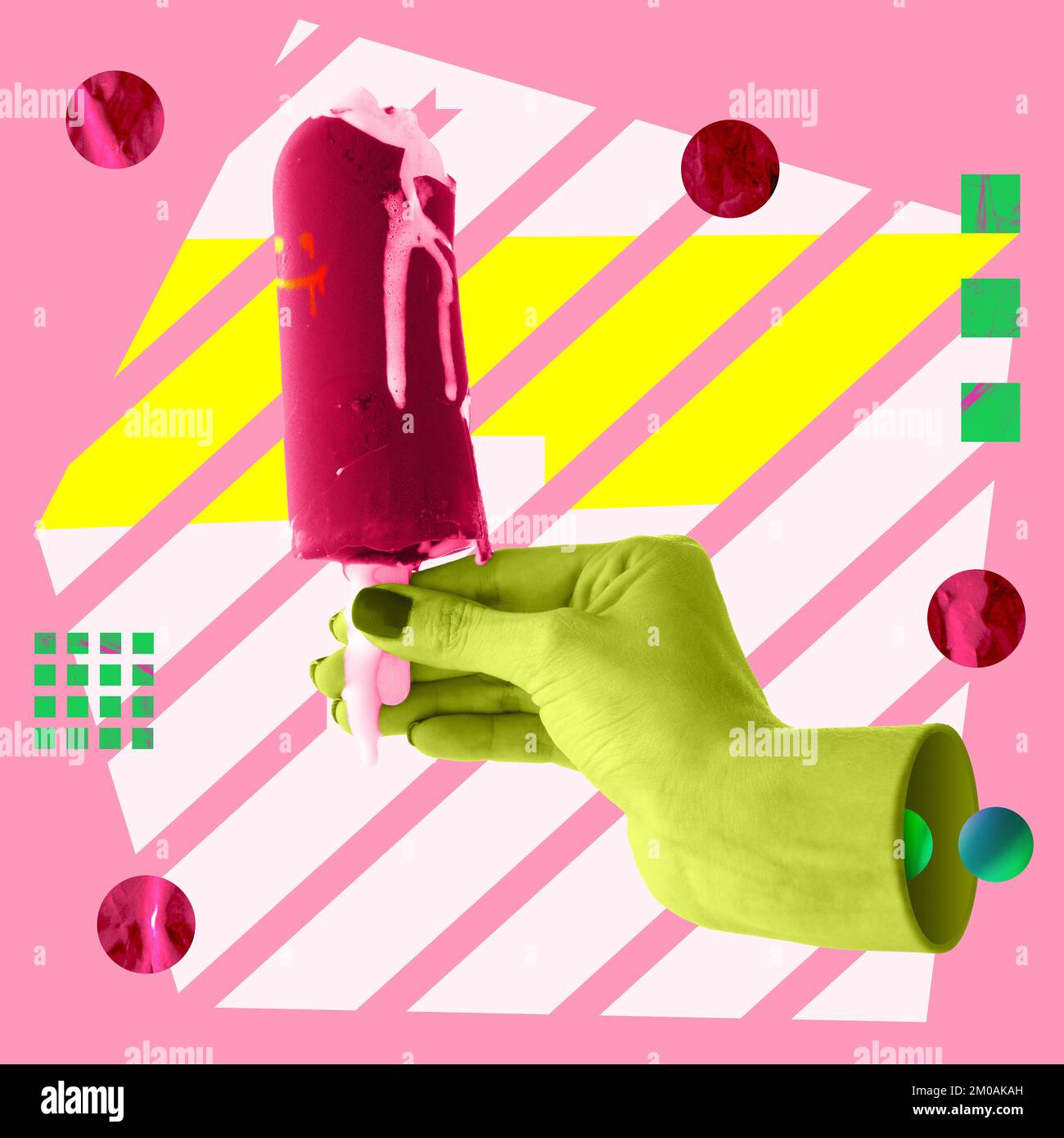 Sweets. Bright contemporary art collage with female hand holding fruit ...