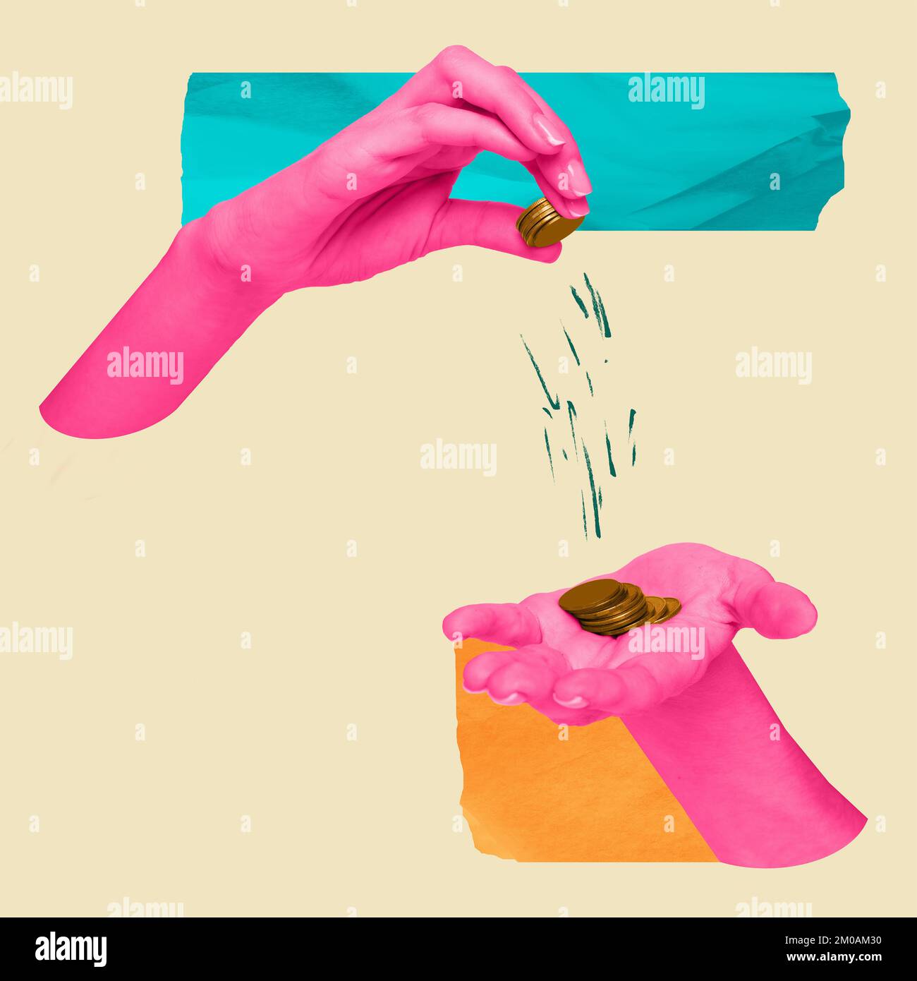 Surreal art design with two pink human hands with coins over light ...