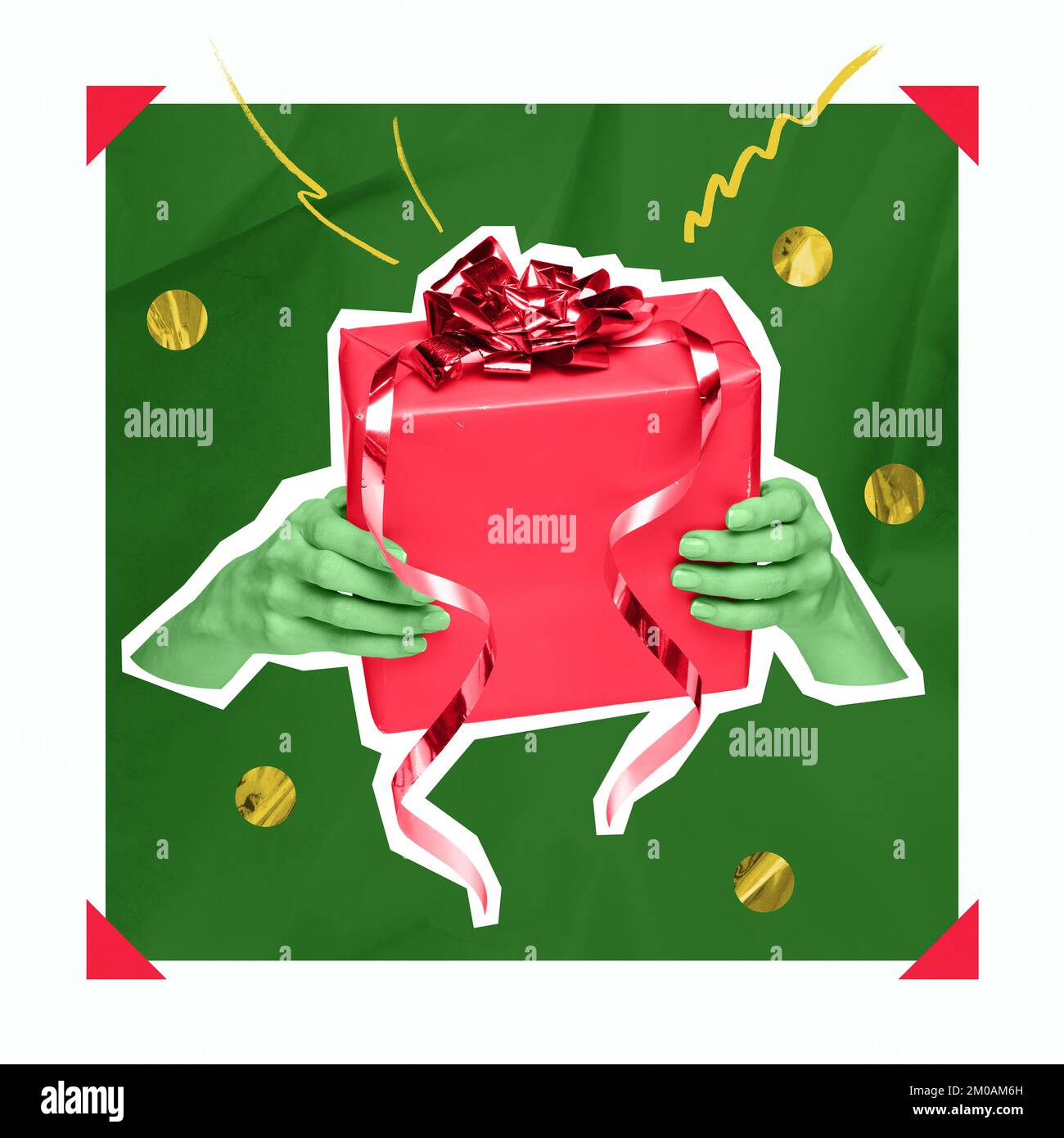 Creative design for Christmas greeting card. Hands holding festive box ...