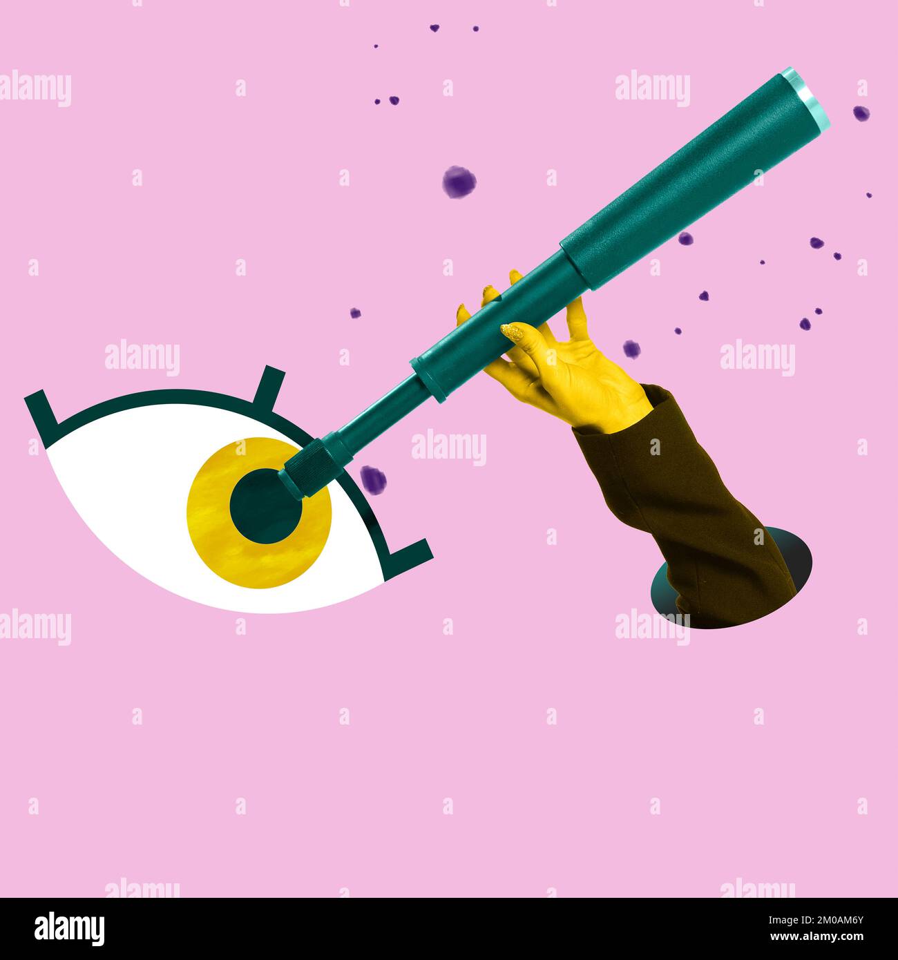 Drawn human eye looking through a telescope. Contemporary art collage ...
