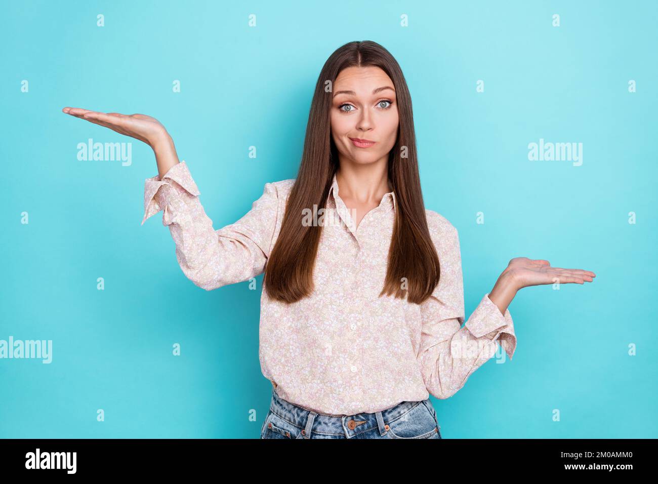 Photo of positive pretty adorable lady two arm compare decide trendy ...