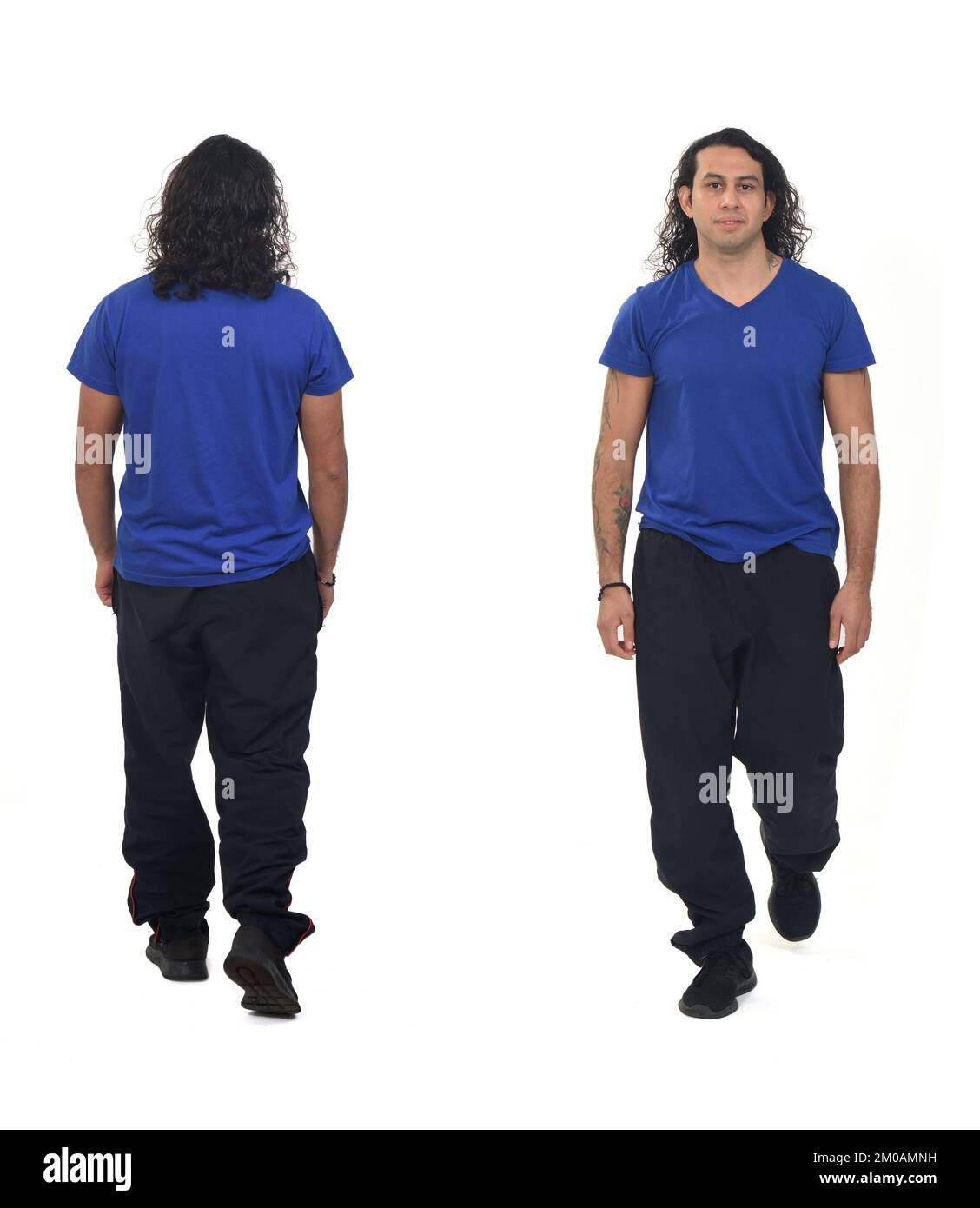 back and front view of same man with sportswear walking on white ...