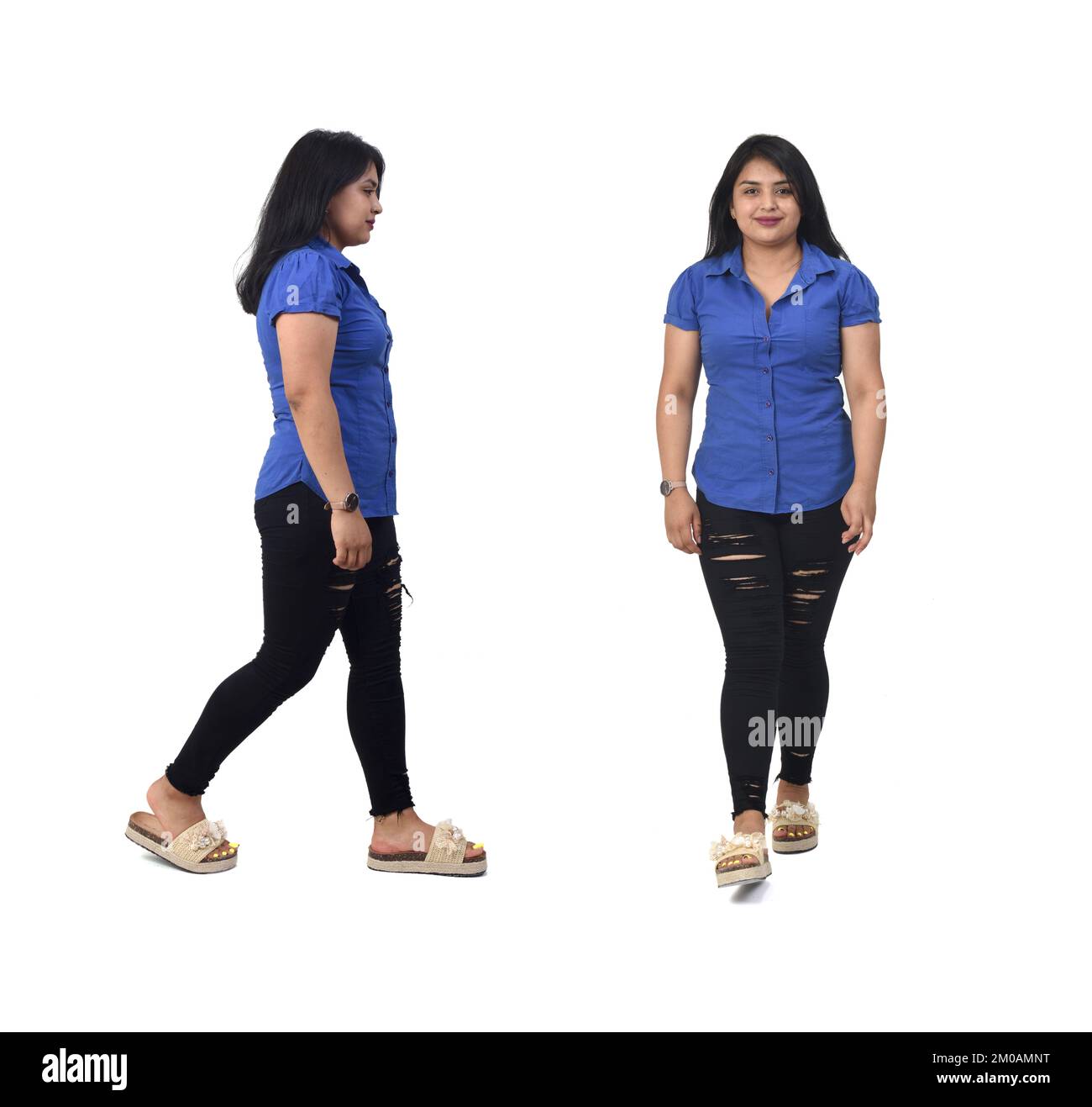 front and back view of same woman walking on white background Stock ...