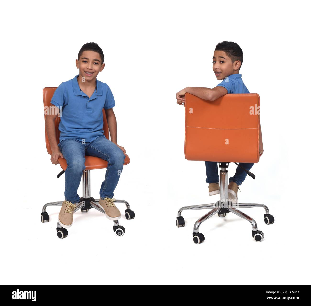 back and front wiev of same teen sitting on chair over white background ...