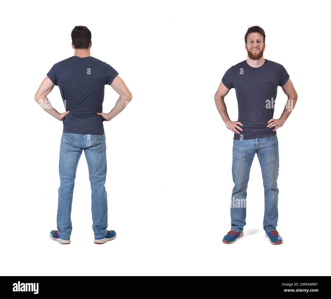 front and back of same man hands akimbo isolated on white background ...